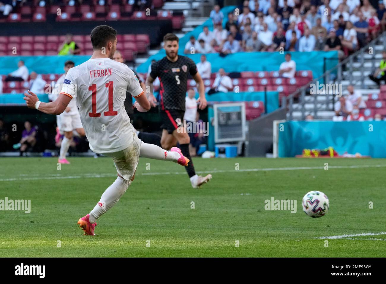 Spain's Ferran Torres scores his side's third goal during the Euro 2020 ...