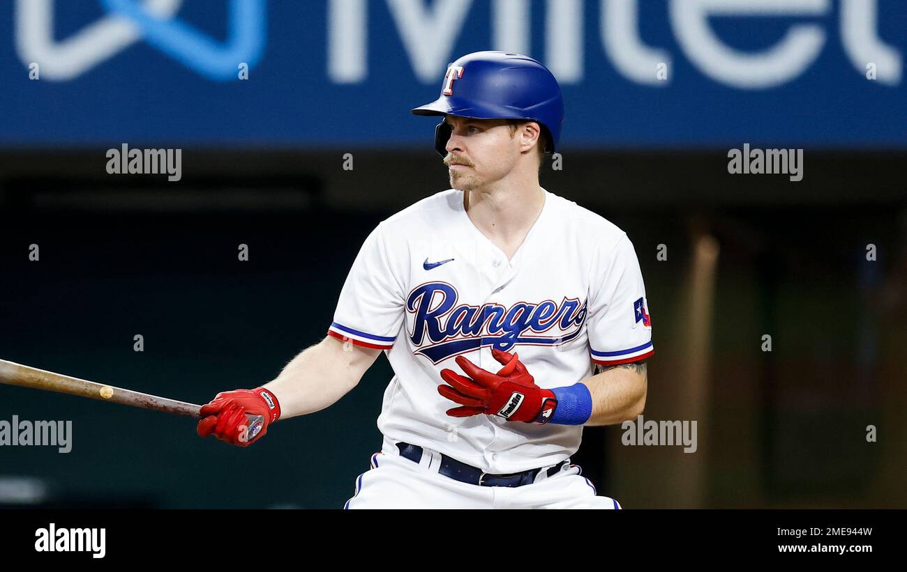 Texas Rangers' Brock Holt (16) bats during a baseball game against the ...