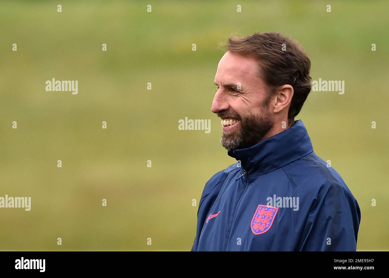 England's manager Gareth Southgate smiles during a training session at ...