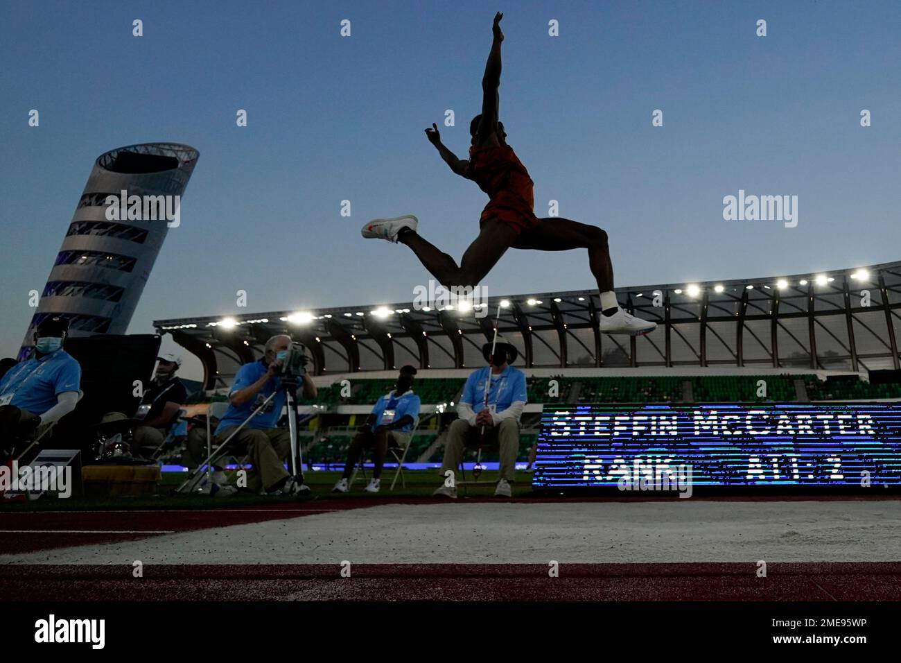 Steffin McCarter competes during the finals of the men's long jump at ...