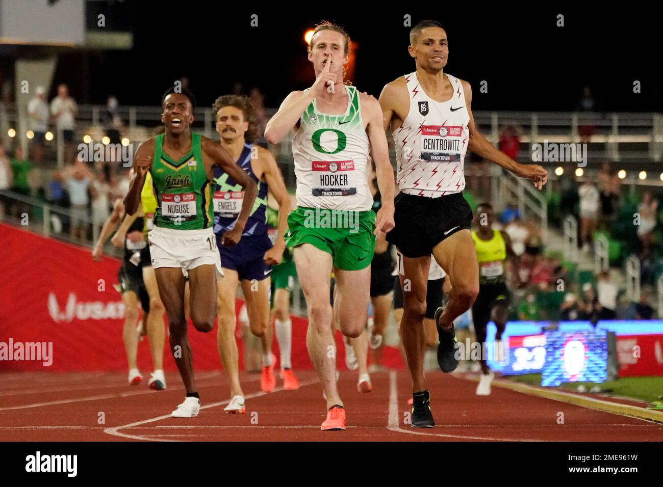 Cole Hocker celebrates after winning the final in the men's 1500-meter ...