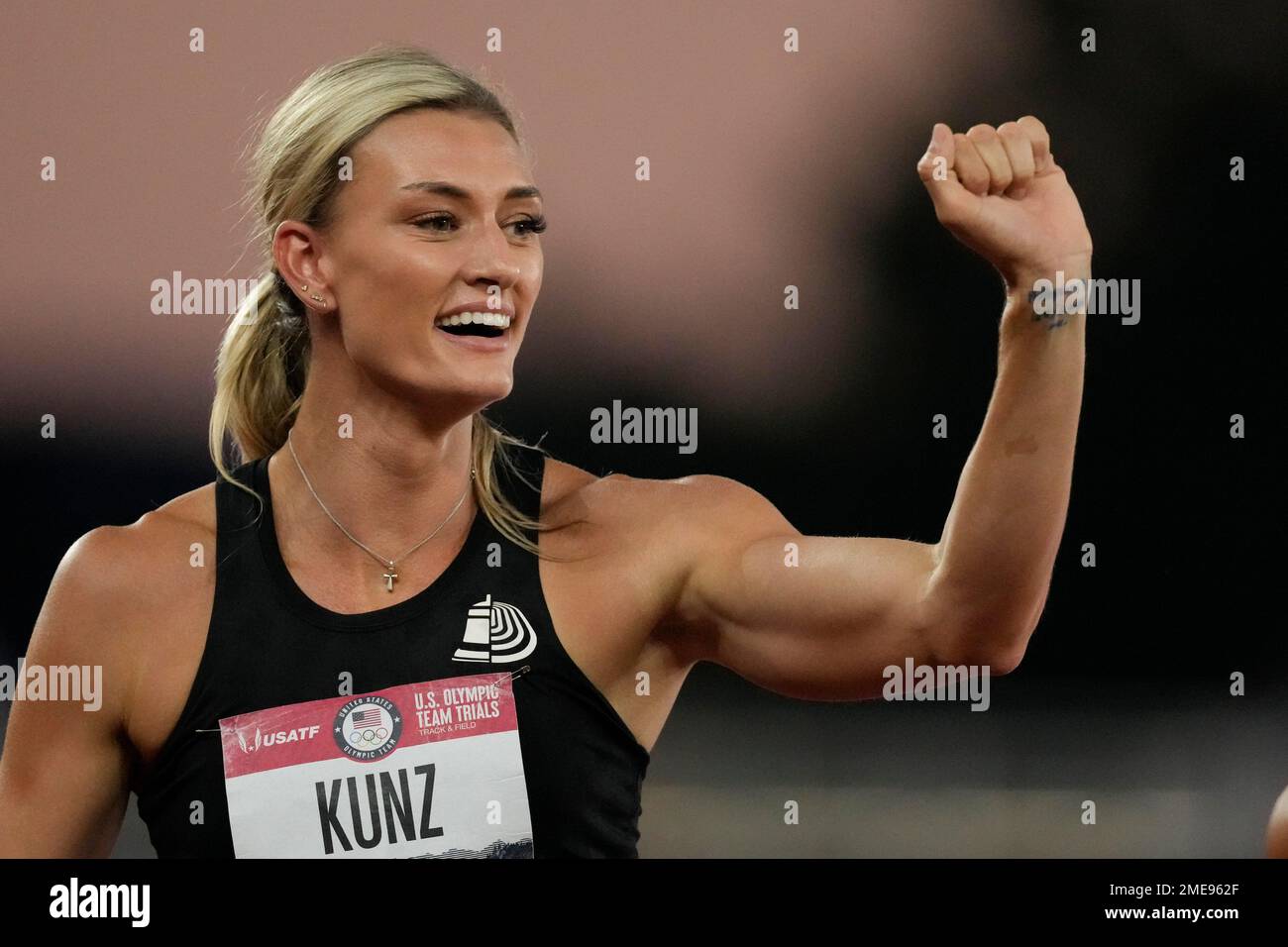 Annie Kunz reacts after winning the heptathlon at the U.S. Olympic ...