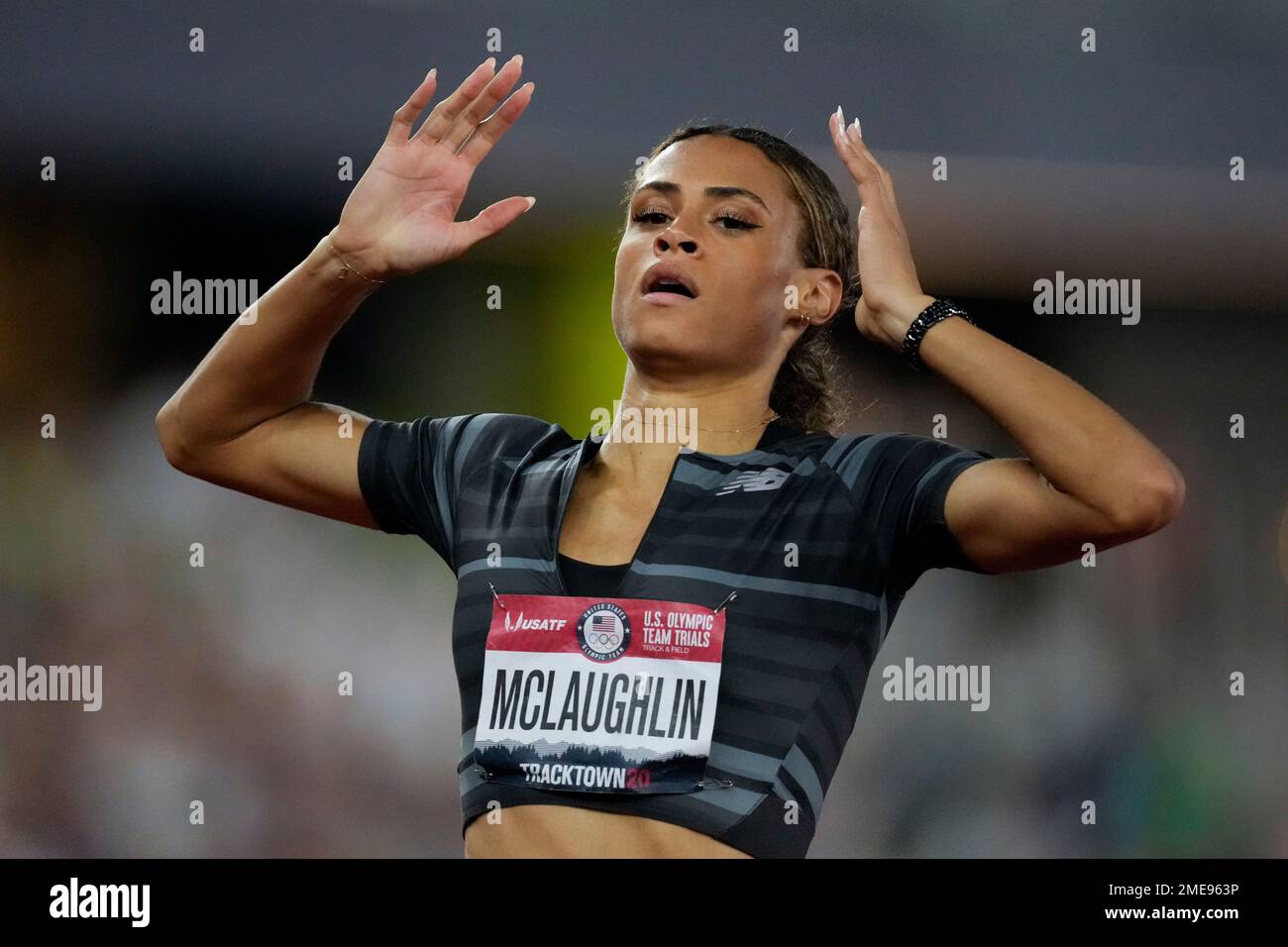 Sydney McLaughlin reacts after setting a new world record in the finals ...