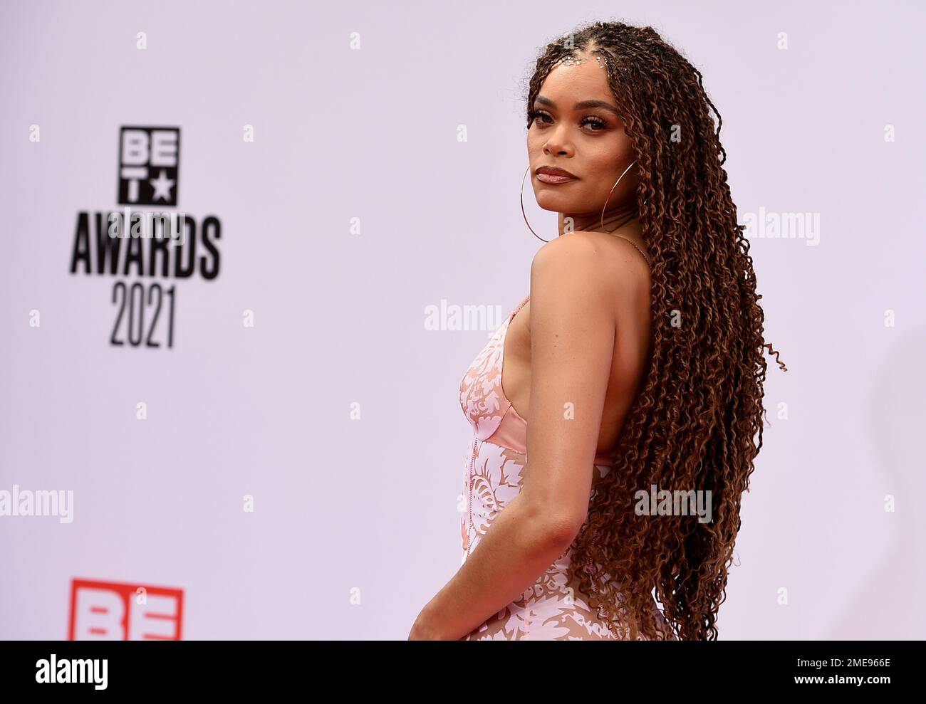 Andra Day arrives at the BET Awards on Sunday, June 27, 2021, at the ...