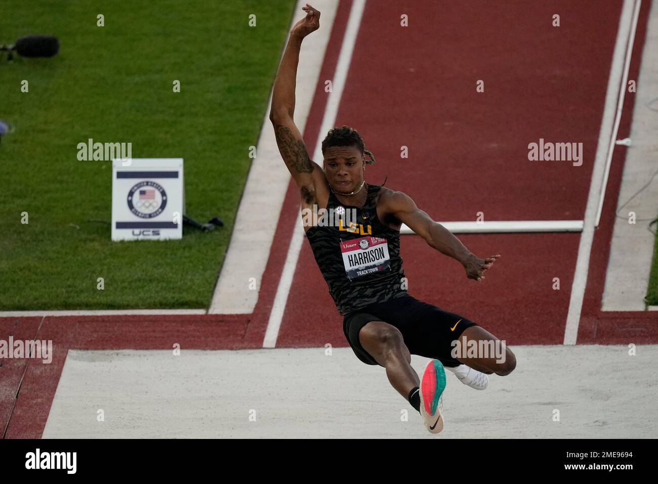 JuVaughn Harrison competes during the finals of the men's long jump at ...