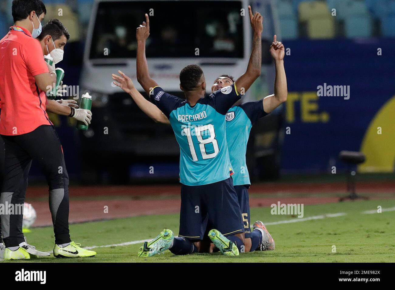 Ecuador's Angel Mena, right, celebrates scoring his side's opening goal ...