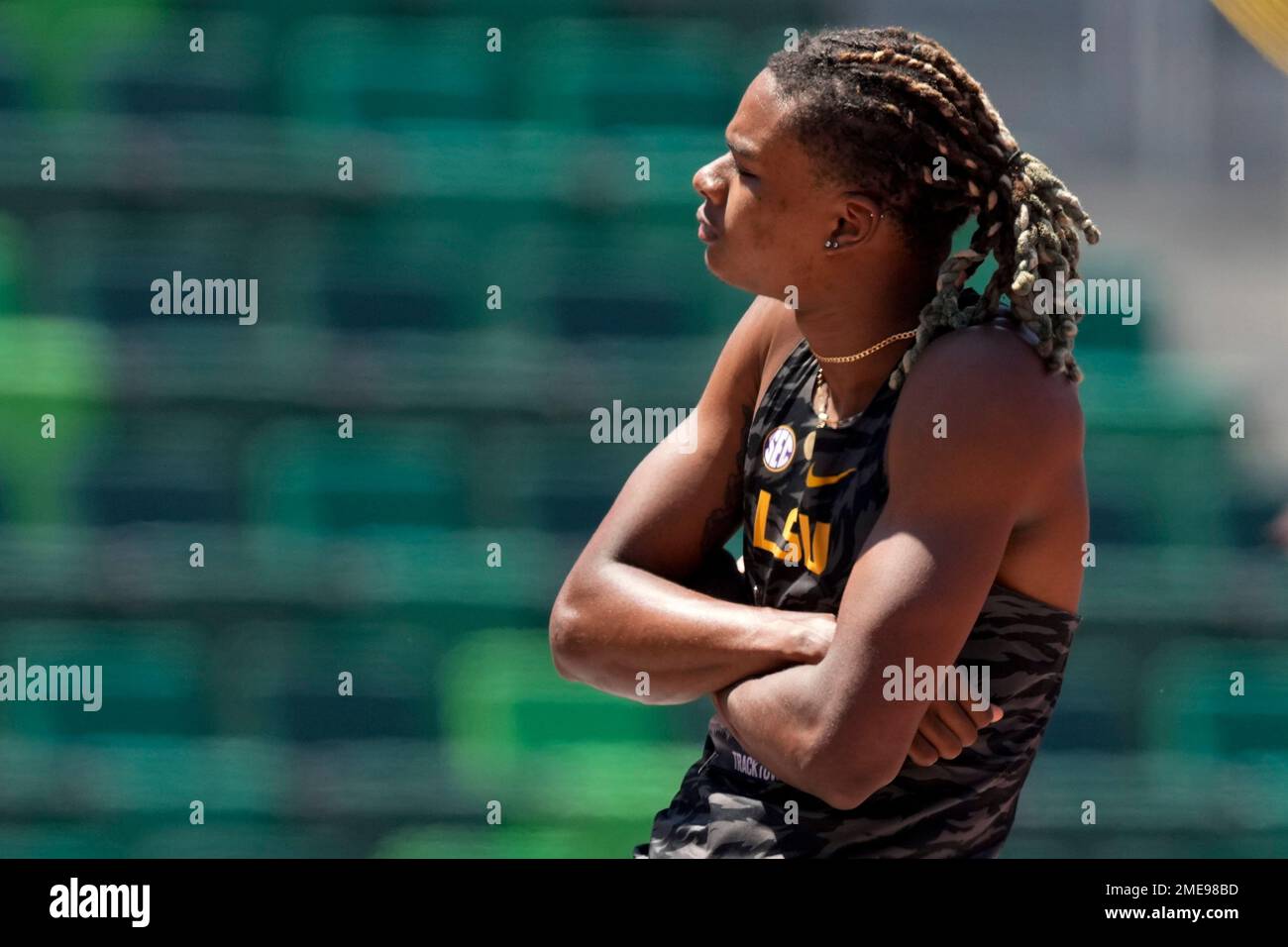 JuVaughn Harrison celebrates during the finals of the men's high jump ...
