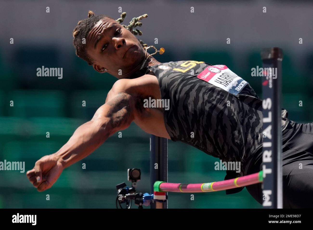 JuVaughn Harrison competes during the finals of the men's high jump at ...