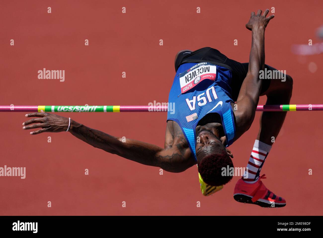 Shelby McEwen competes during the finals of the men's high jump at the ...