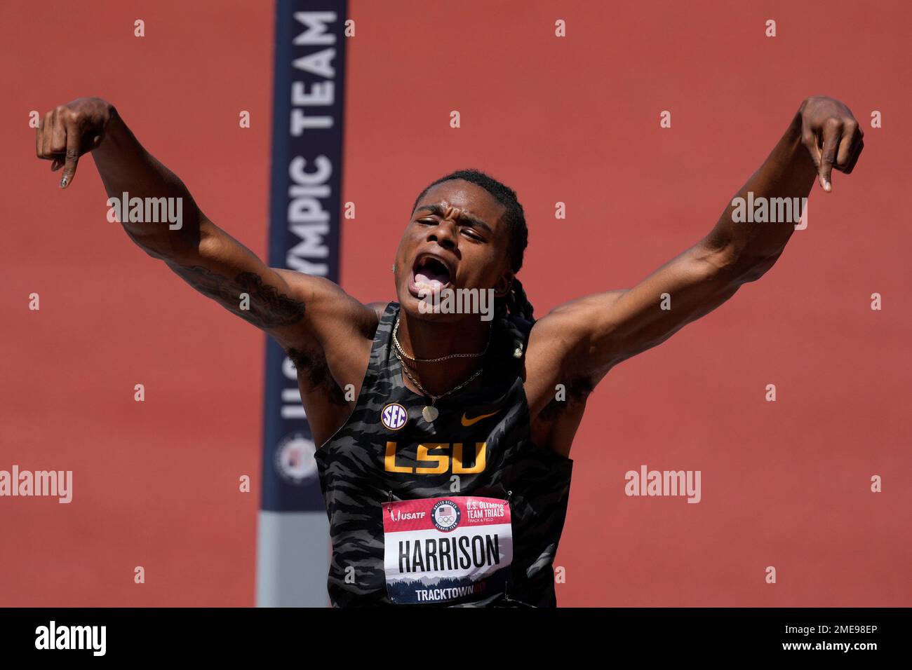 JuVaughn Harrison celebrates during the finals of the men's high jump ...