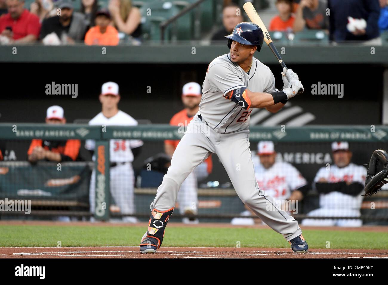 Houston Astros' Michael Brantley at bat against the Baltimore Orioles ...