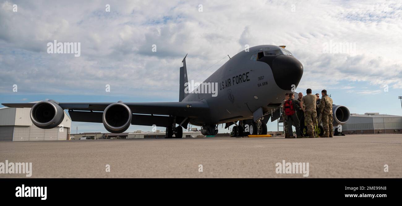 Pilots and crew chiefs with the 914th Air Refueling Wing discuss the operational state of the KC ...
