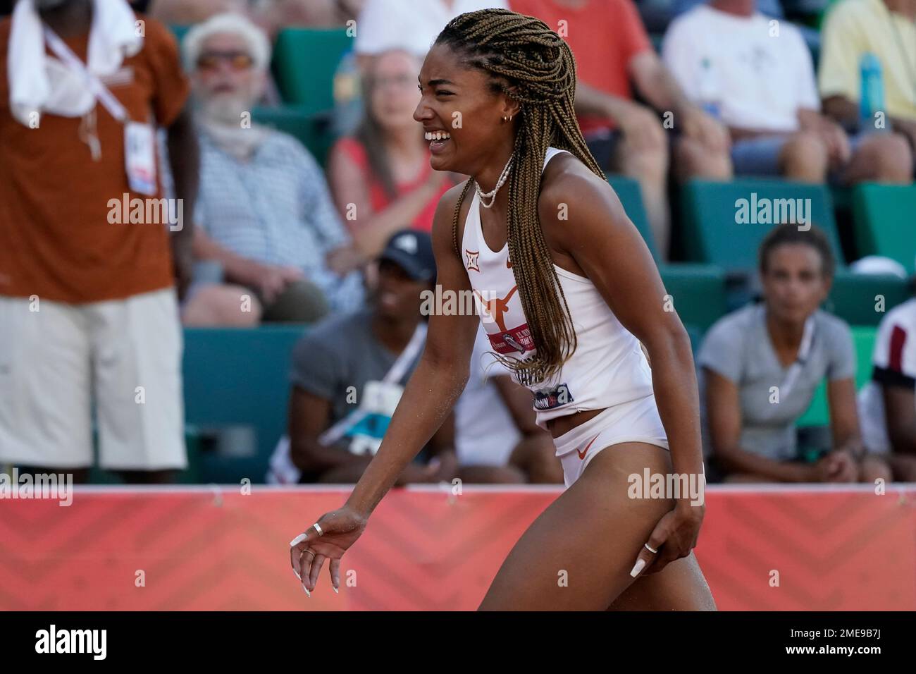 Tara Davis celebrates during the finals of the women's long jump at the ...