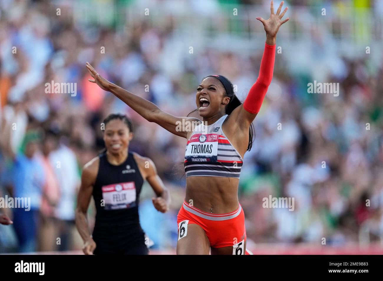 Gabby Thomas celebrates after winning the final in the women's 200 ...