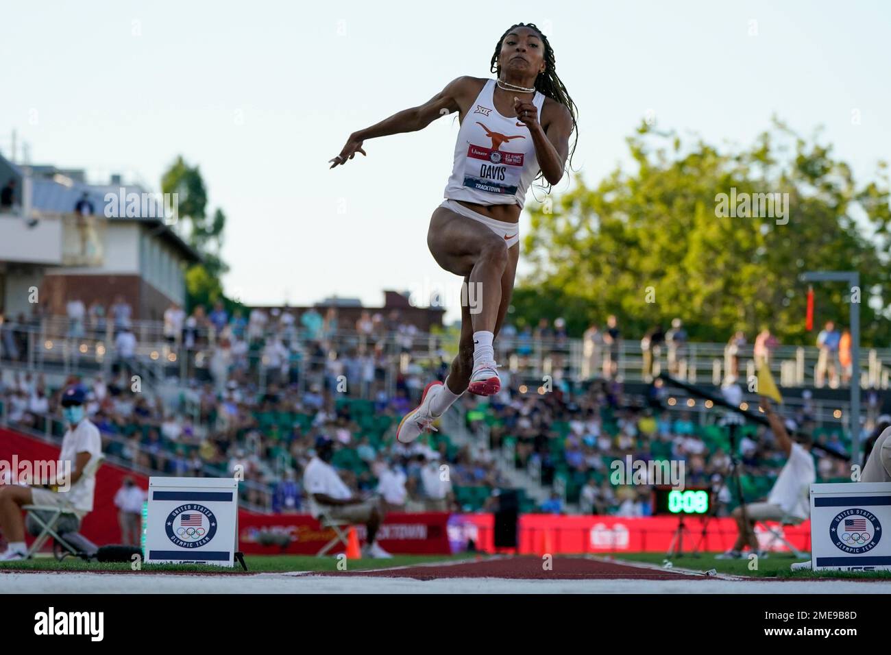 Tara Davis competes during the finals of the women's long jump at the U ...