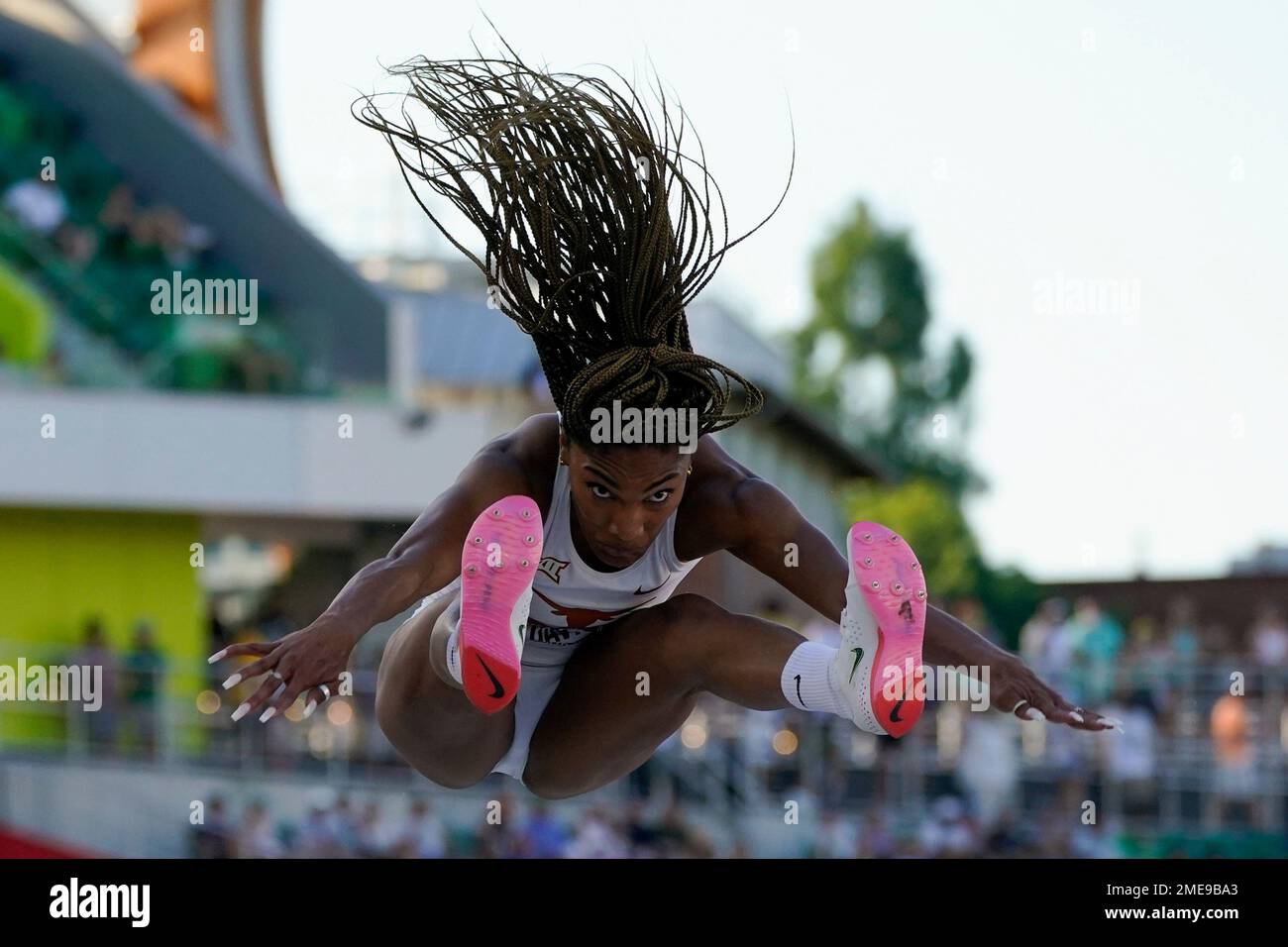Tara Davis competes during the finals of the women's long jump at the U ...