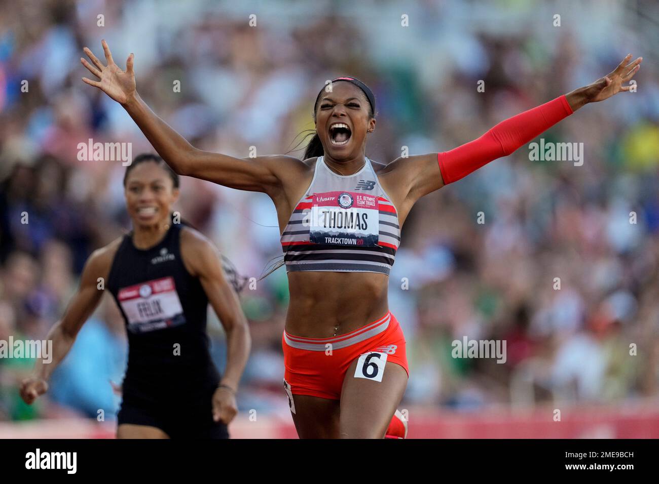 Gabby Thomas celebrates after winning the final in the women's 200 ...
