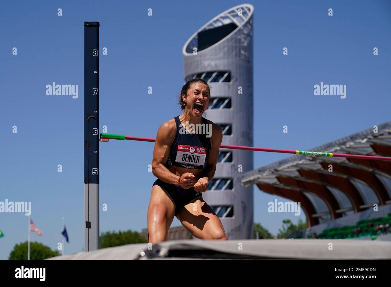 Hope Bender celebrates during the heptathlon high jump at the U.S ...