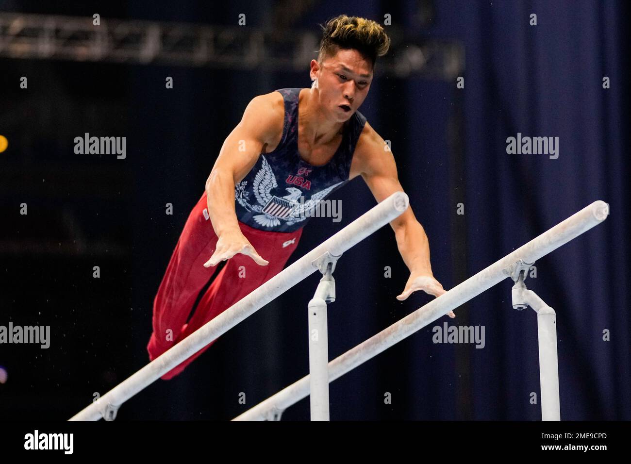 Yul Moldauer competes on the parallel bars during the men's U.S ...