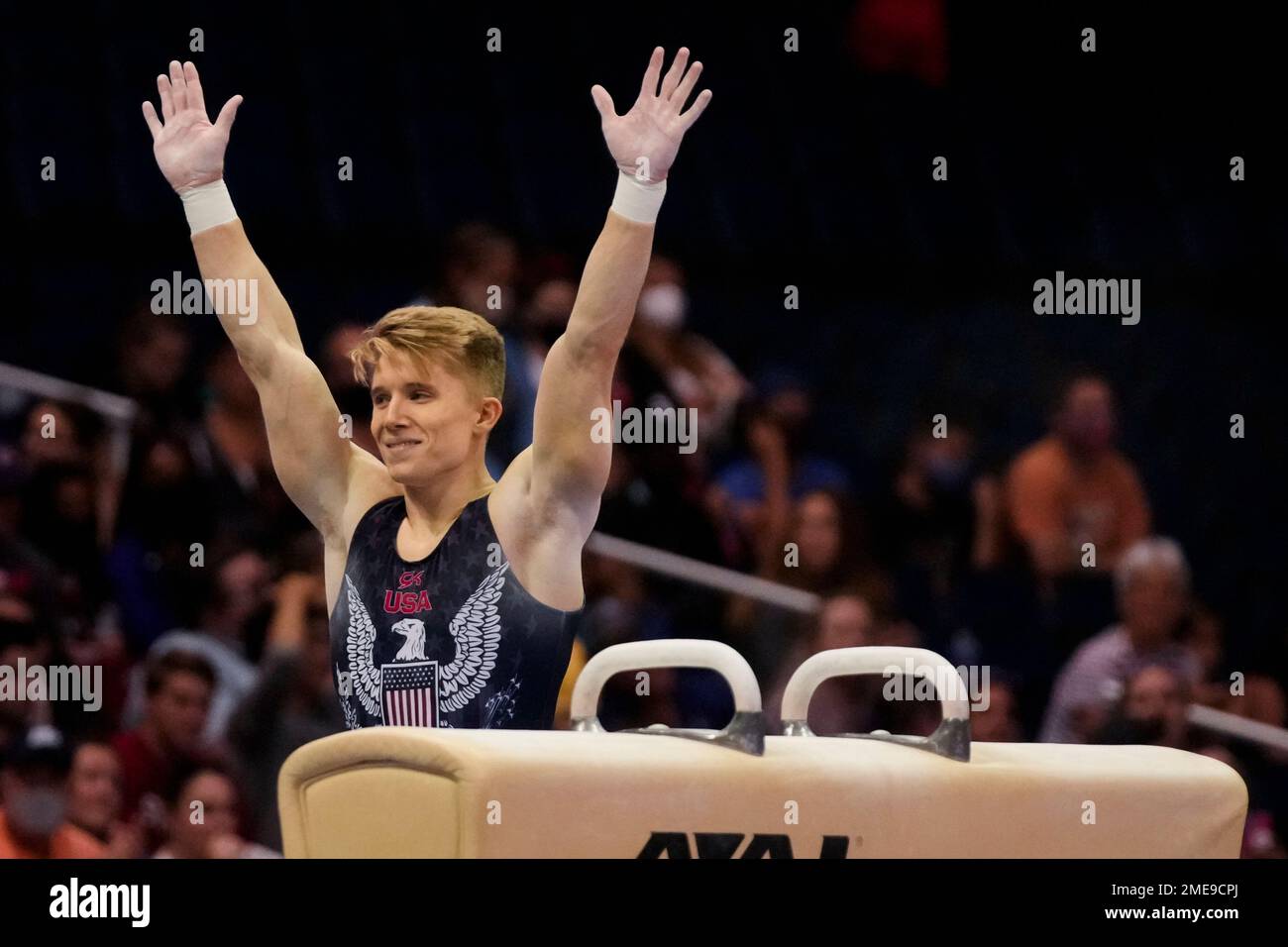 Shane Wiskus celebrates after competing on the pommel horse during the ...