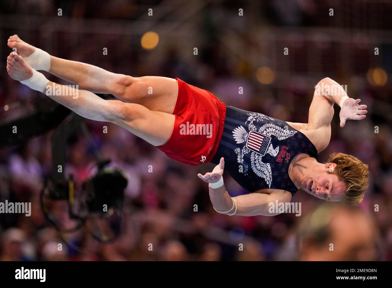 Gage Dyer competes in the floor exercise during the men's U.S. Olympic ...