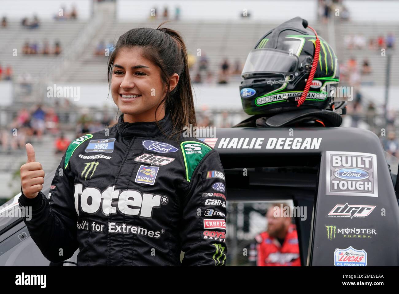 Driver Hailie Deegan poses for a photo before the start of a NASCAR ...