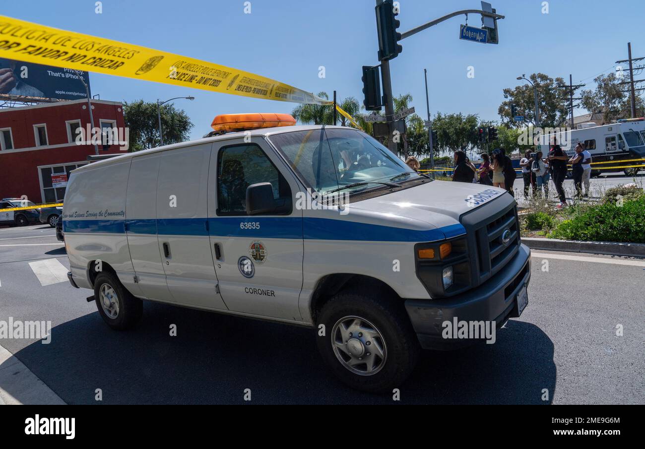 Los Angeles County Medical Examiner-Coroner van transports a body in ...