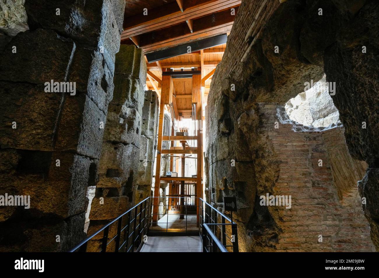 A view of a reproduction of an elevator that was used to reach the ...
