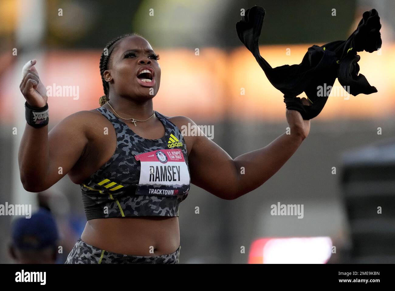 Jessica Ramsey celebrates during the finals for the women's shot put at ...