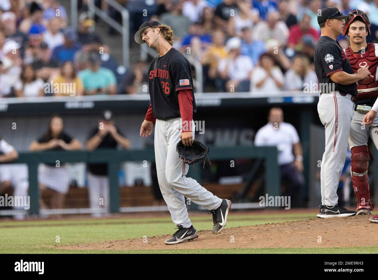 Stanford starting pitcher Quinn Mathews (26) leaves the mound in the ...