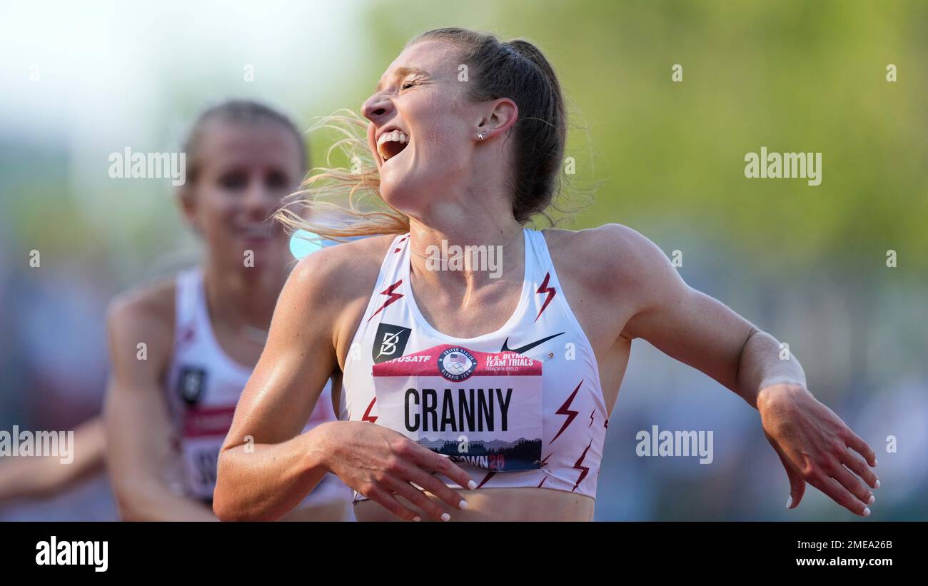 Elise Cranny celebrates after winning the finals of women's 5000-meter ...