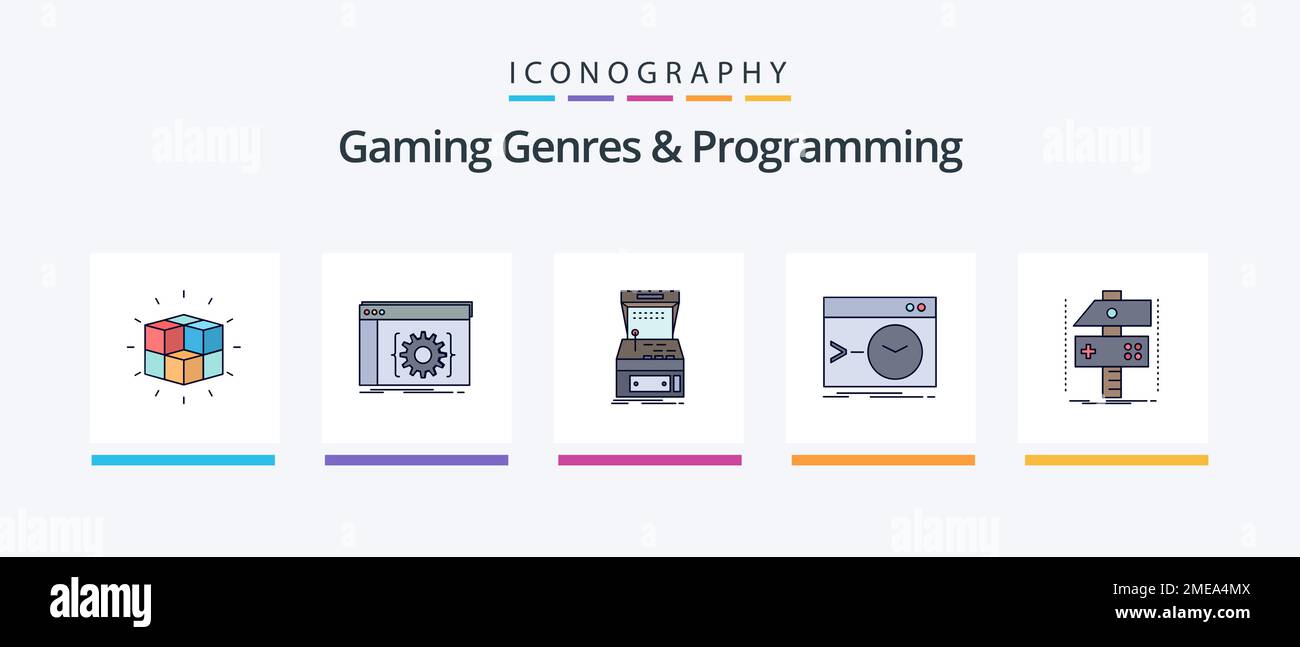 Gaming Genres And Programming Line Filled 5 Icon Pack Including function. command. robot. fun ...