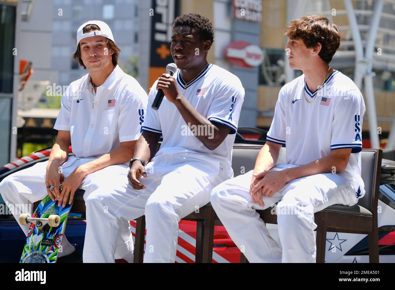 Olympic skateboarder Zion Wright, center, and joined by team-mates ...