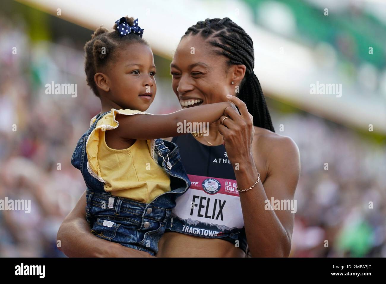 Allyson Felix celebrates after her second place finish in the women's ...