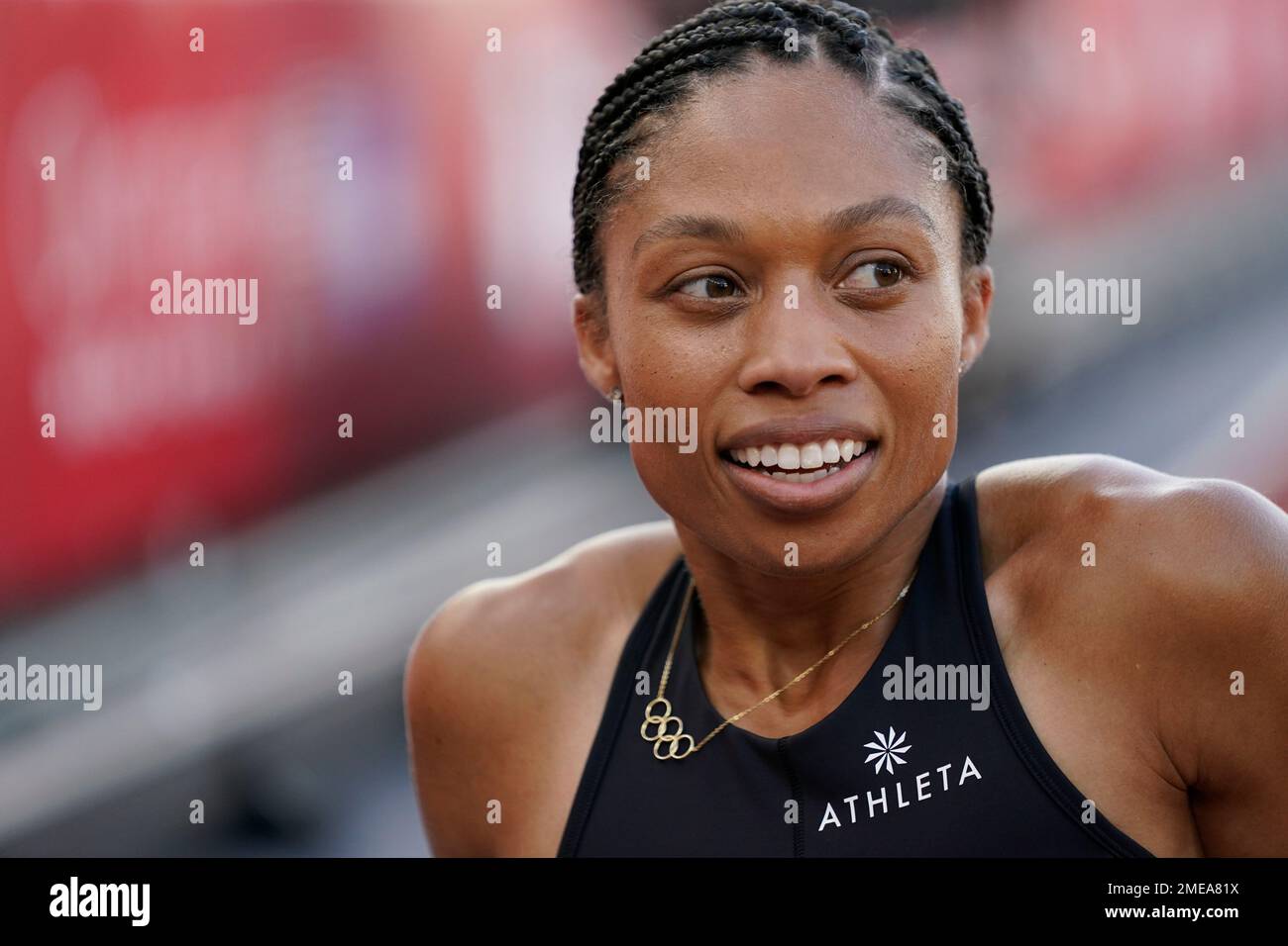 Allyson Felix reacts to her second place in the women's 400-meter run ...