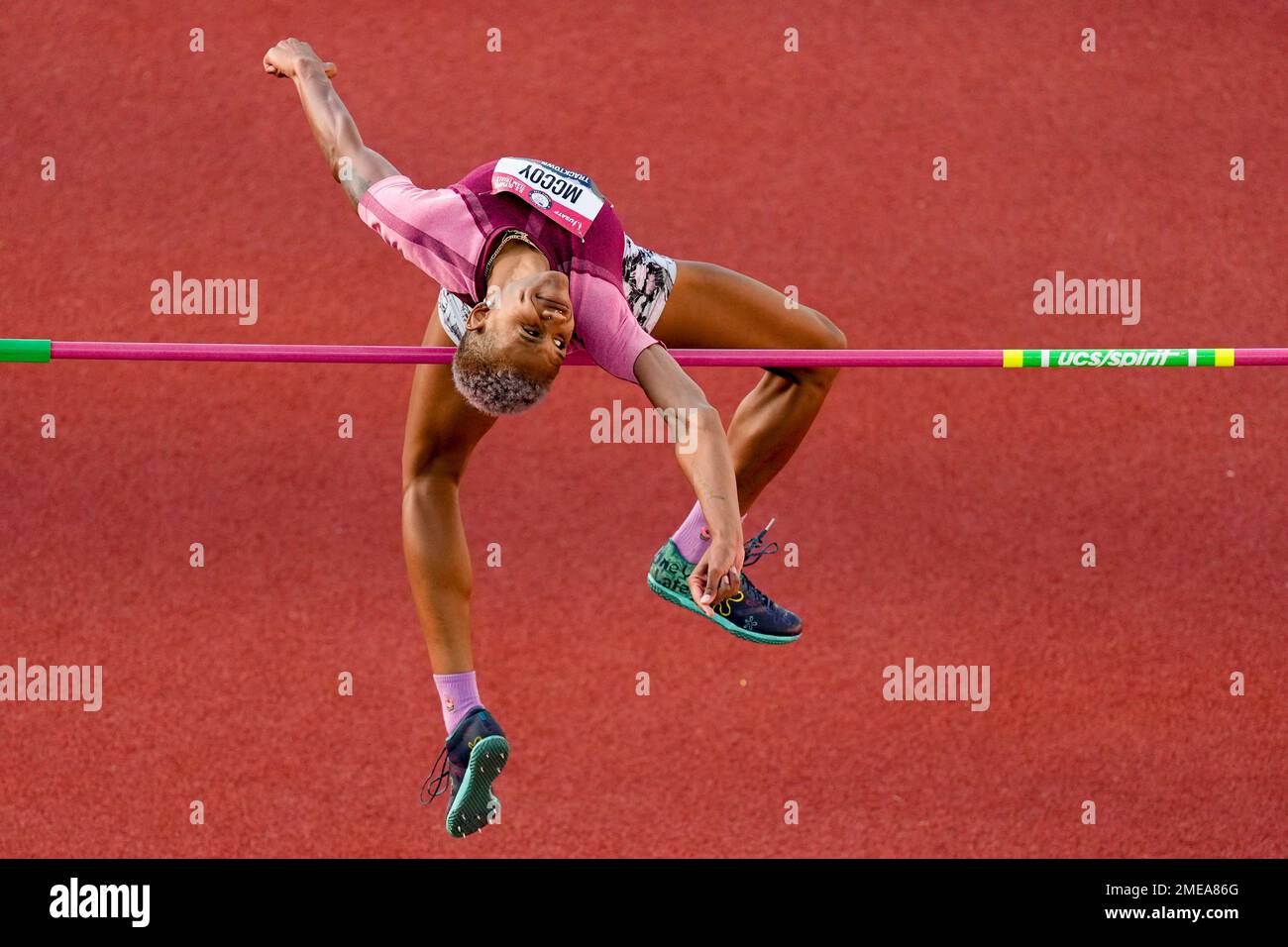 Rachel McCoy competes during the finals of the women's high jump at the ...