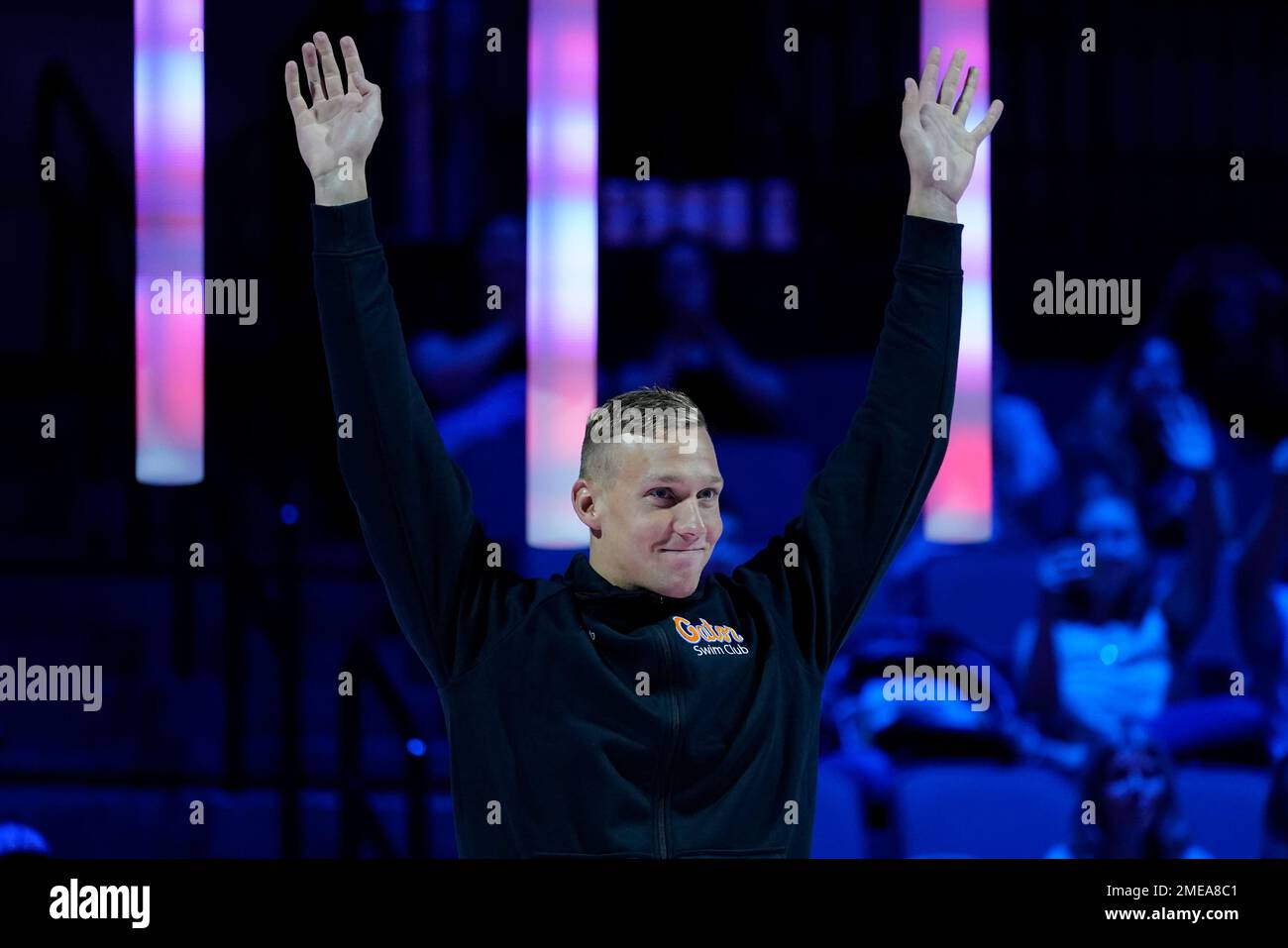 Caeleb Dressel reacts at the medal ceremony for the men's 50 freestyle ...
