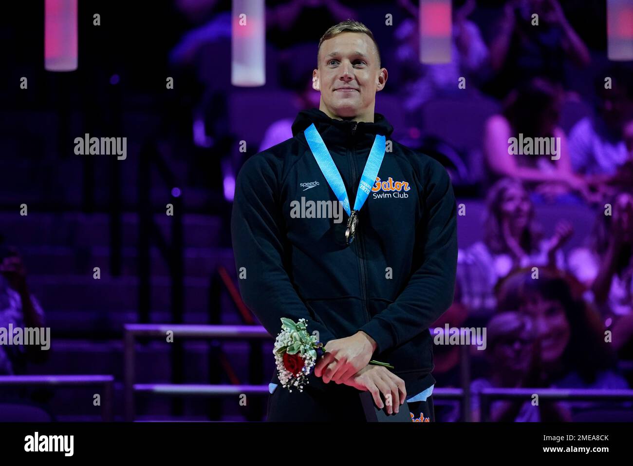 Caeleb Dressel reacts at the medal ceremony for the men's 50 freestyle ...