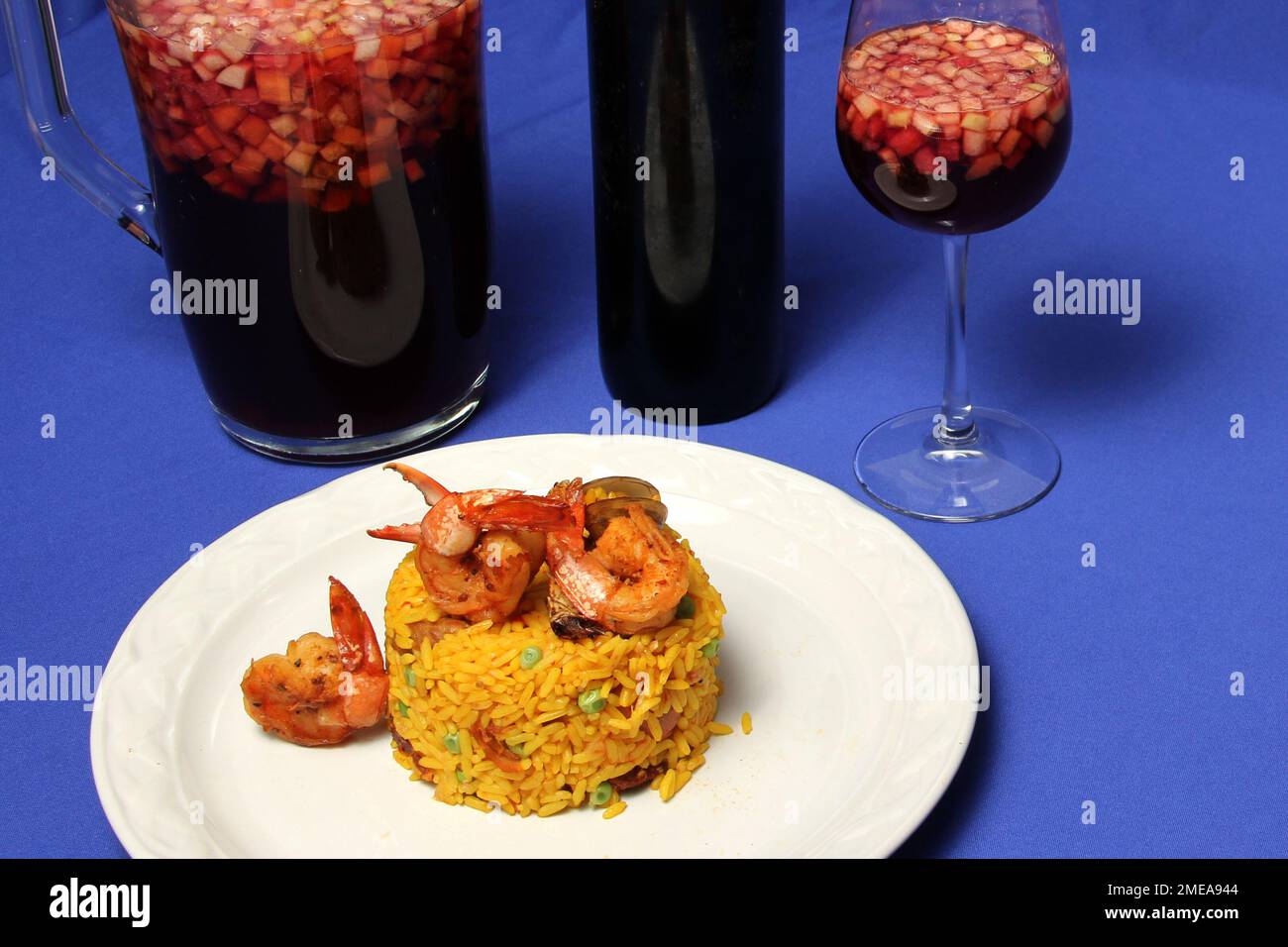 Paella rice prepared with shrimp, saffron, chicken, seafood and ...