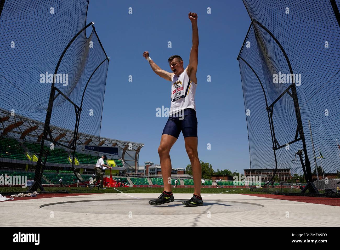 T.J. Lawson celebrates in the decathlon discus throw at the U.S ...