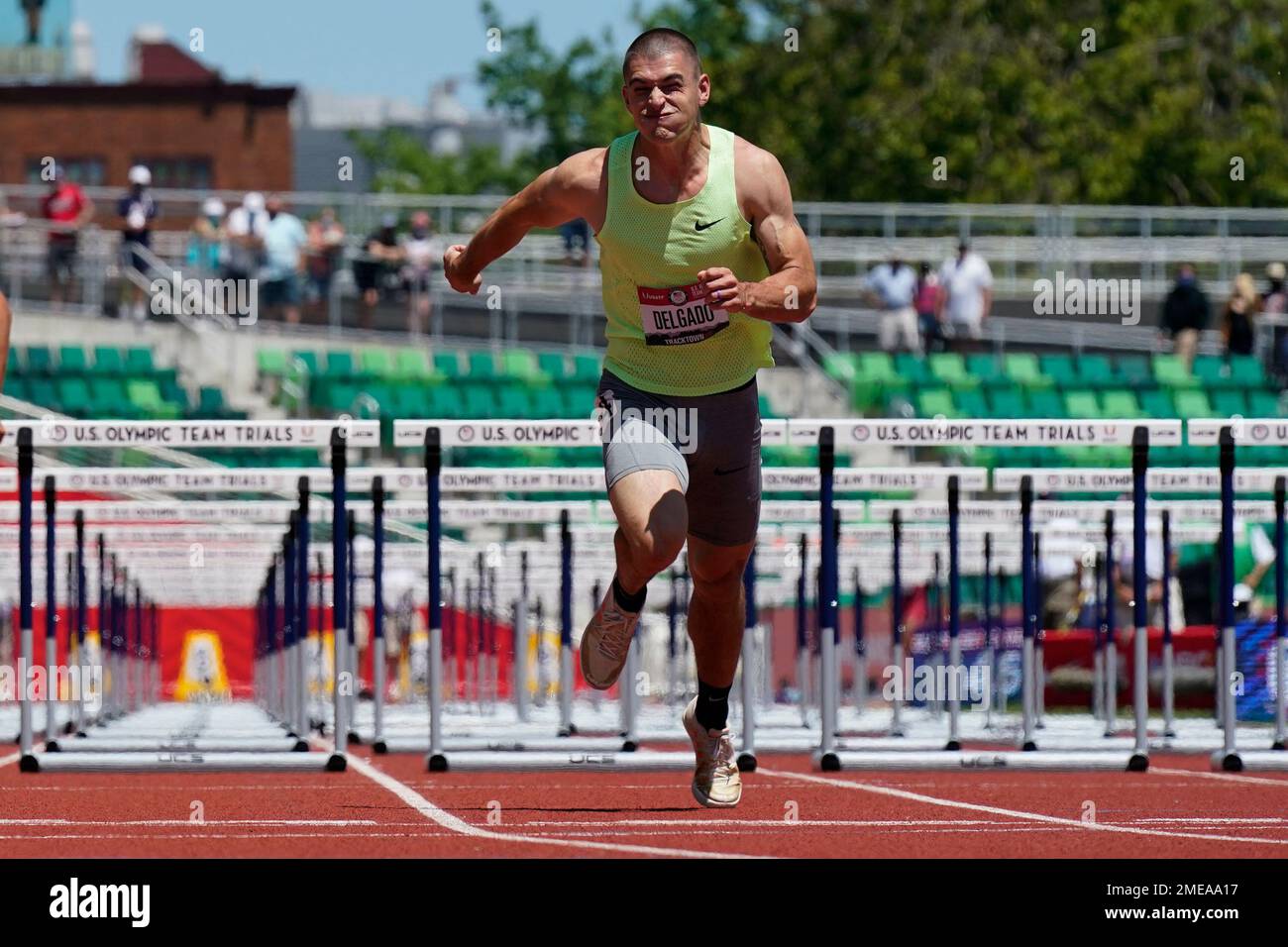 Joseph Delgado wins the fourth heat of the decathlon 110-meter hurdles ...