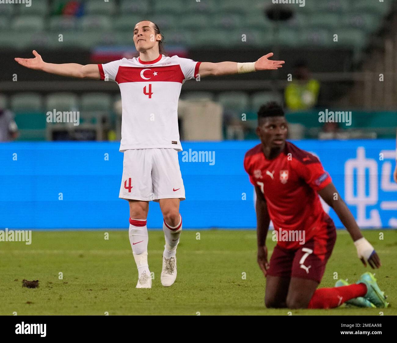 Turkey's Caglar Soyuncu gestures during the Euro 2020 soccer ...