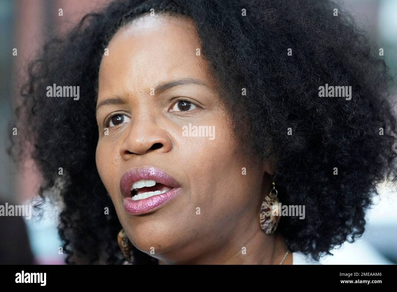 Boston's acting Mayor Kim Janey speaks to reporters in Boston's Nubian ...