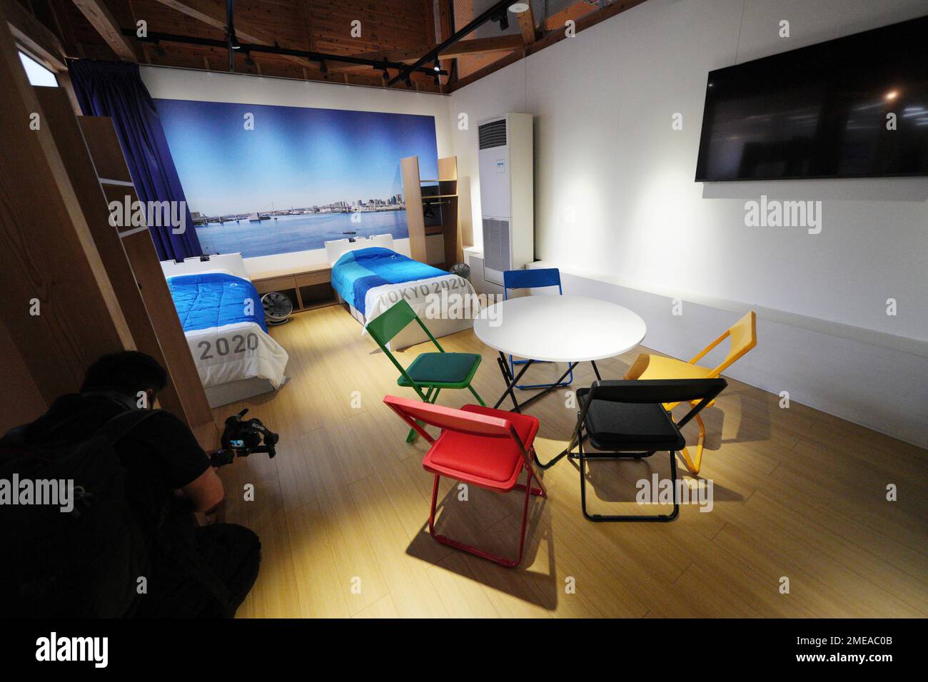 Replicas of bedroom furniture, including cardboard beds, for the Tokyo ...