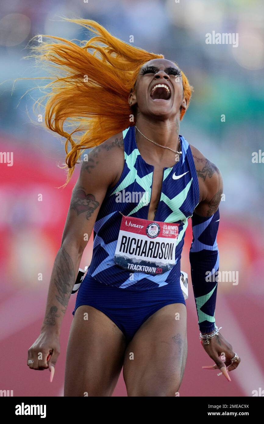 Sha'Carri Richardson celebrates after winning the women's 100-meter run ...