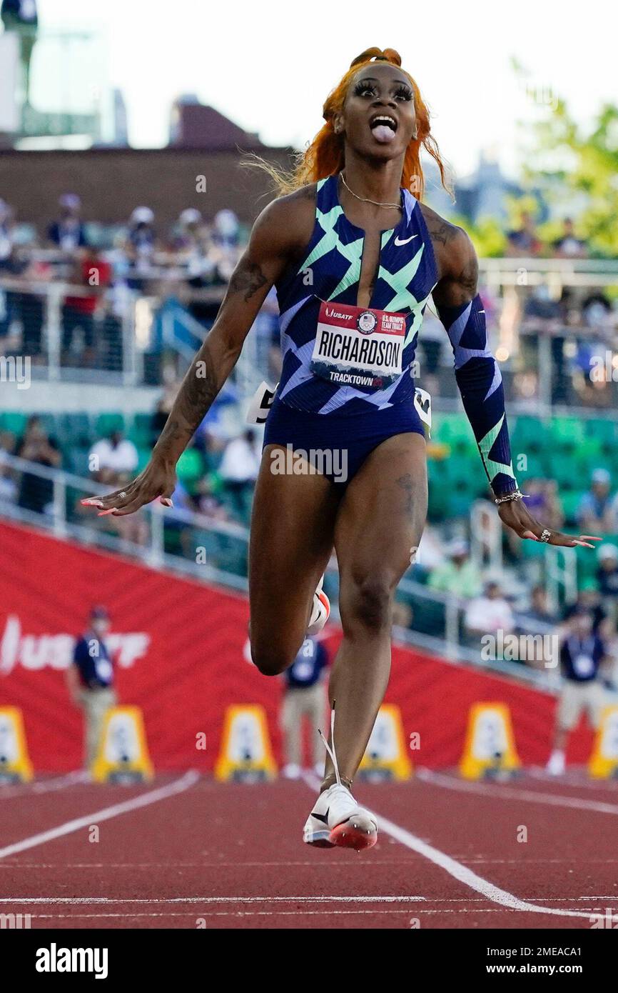 Sha'Carri Richardson celebrates after winning the women's 100-meter run ...