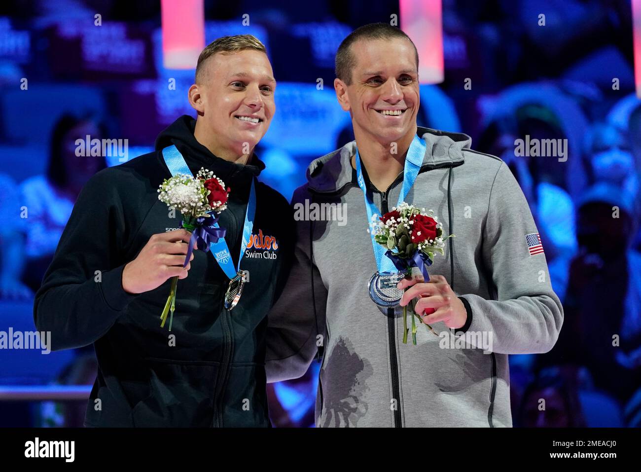 Caeleb Dressel and Tom Shields at the medal ceremony for the men's 100 ...