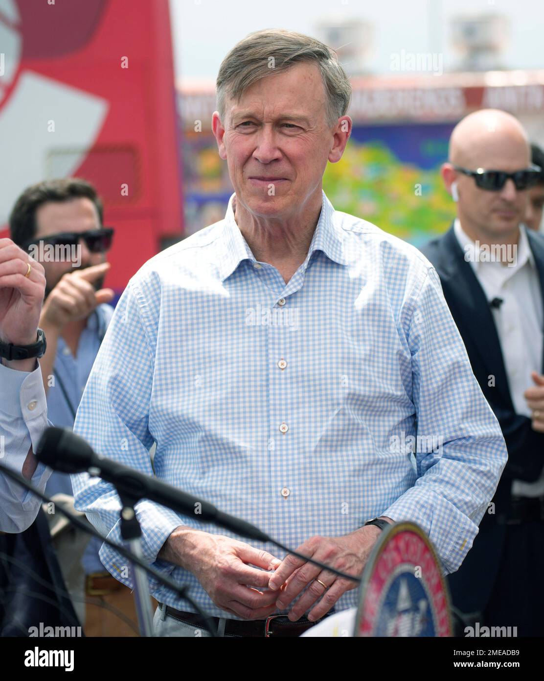U.S. Senator John Hickenlooper, D-Colo., waits to speak during a visit ...