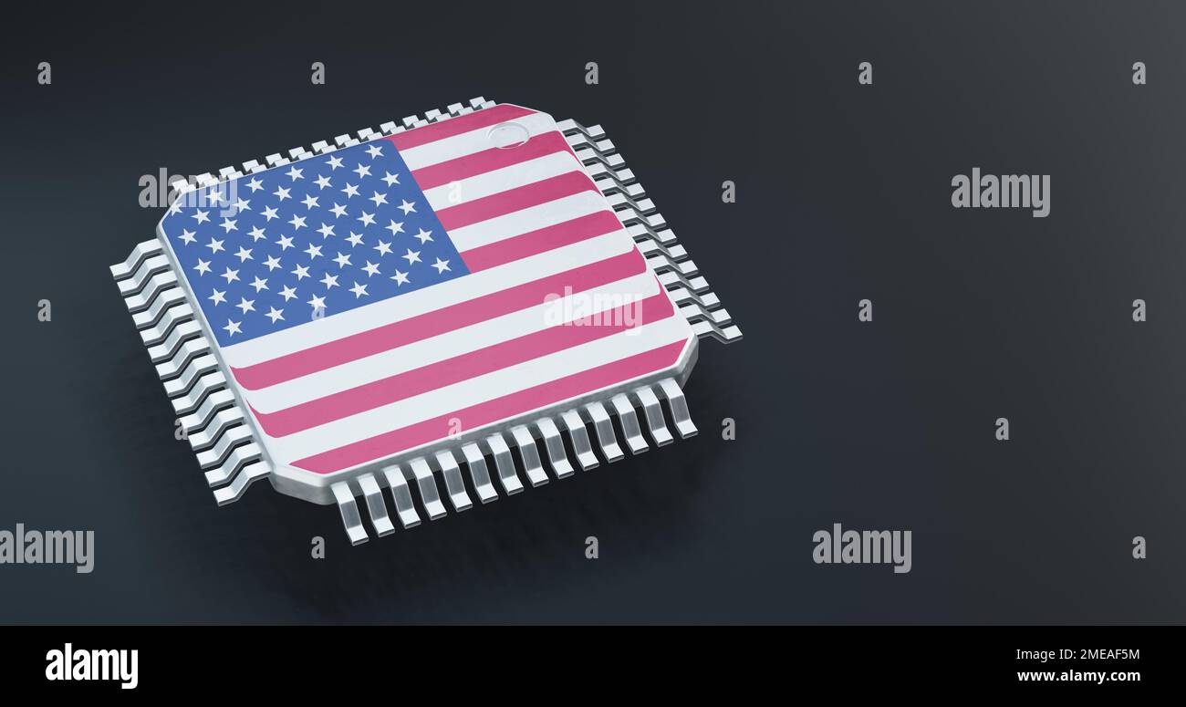 3d render of microchip or semiconductor chip with countries flag for ...