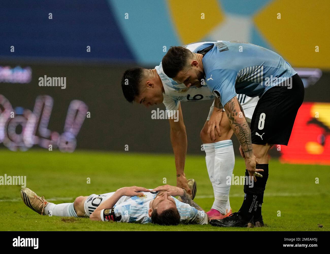Argentina's Lionel Messi lays on the ground during a Copa America ...